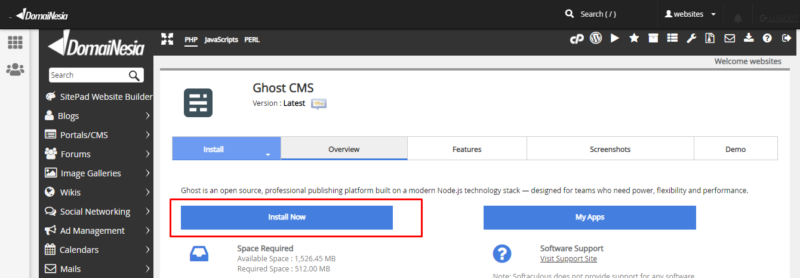 Cara Install Ghost di Hosting Melalui Softaculous Apps Installer - DomaiNesia