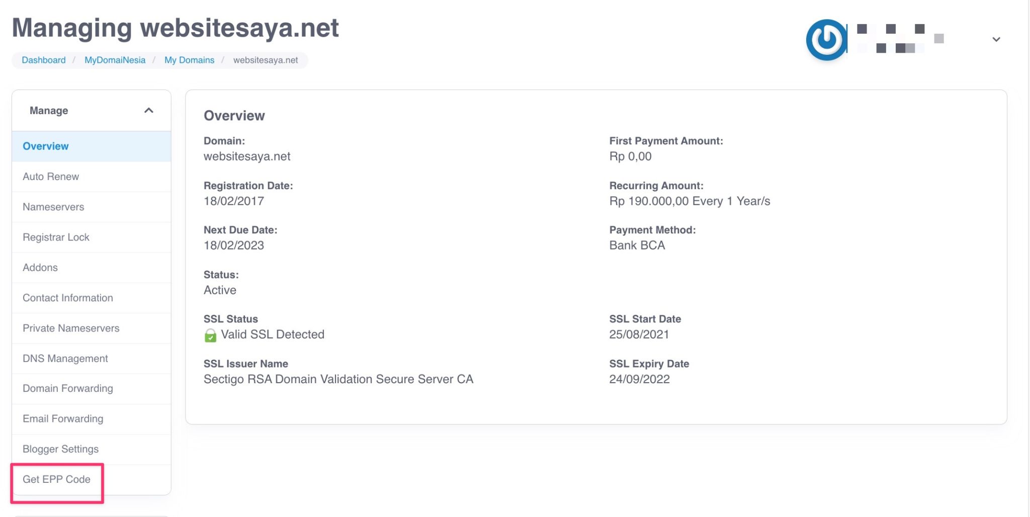 Apa arti Kode EPP untuk transfer domain