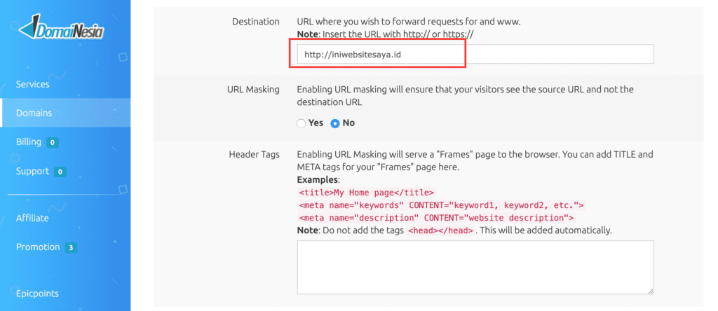 Cara Setting Domain Forwarding Domain ID - DomaiNesia