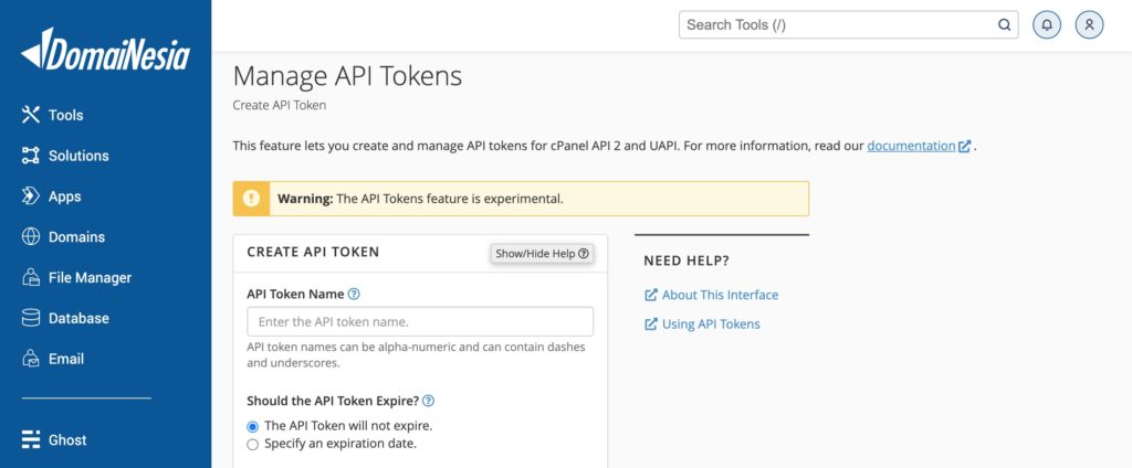 Cara Menggunakan Manage API Tokens cPanel Hosting - DomaiNesia
