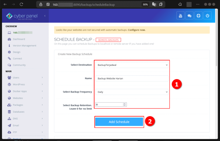 Cara Jadwal Backup Atau Schedule Backup CyberPanel di VPS